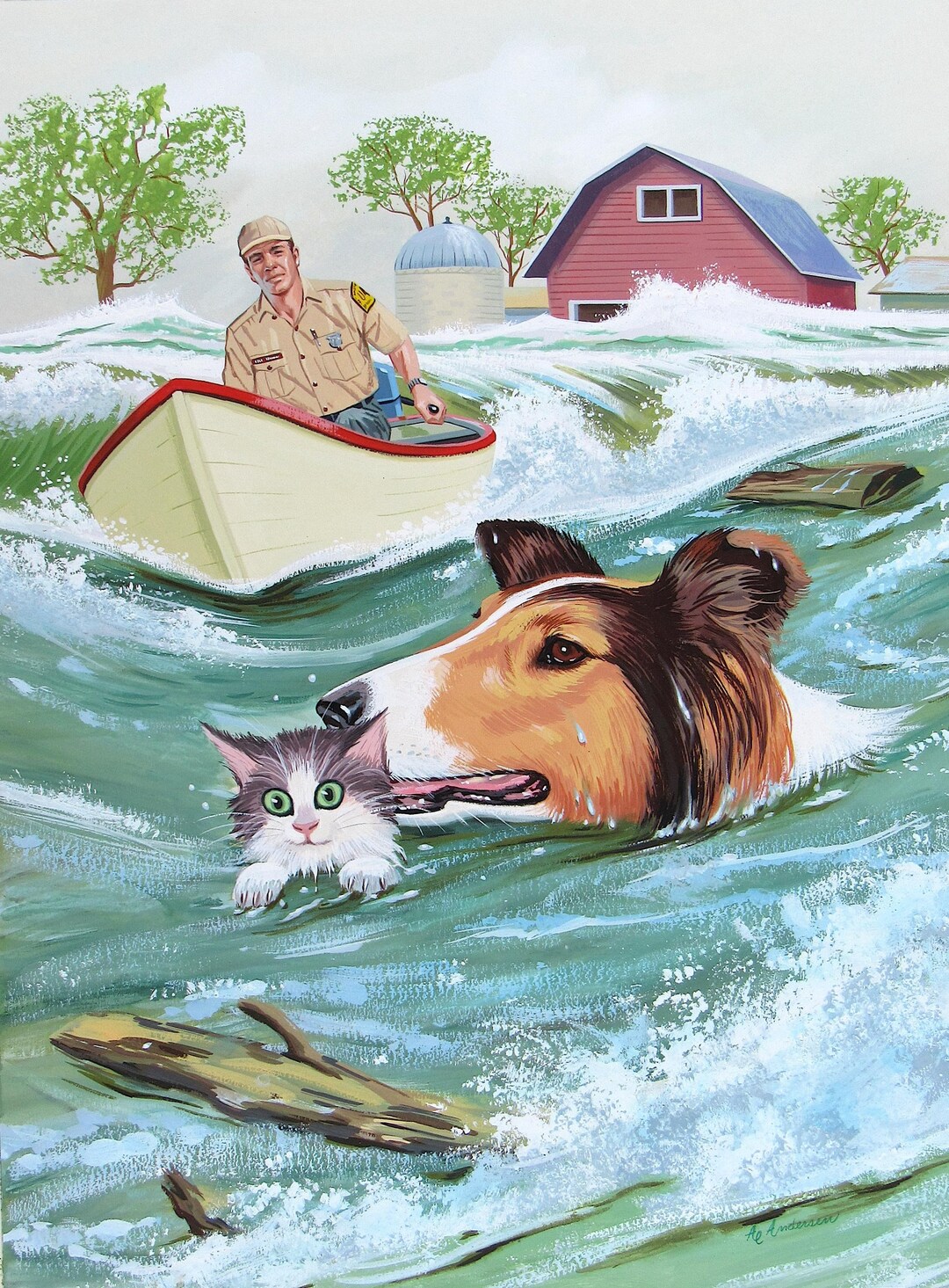 Original Cover Art Lassie Coloring Book, Gouache, Lassie Rescues Kitty ...