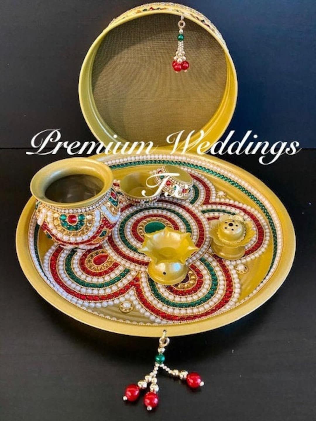 Gold Karwachauth Puja Thali Set, Henna Thali, Thali, Karwachauth ...