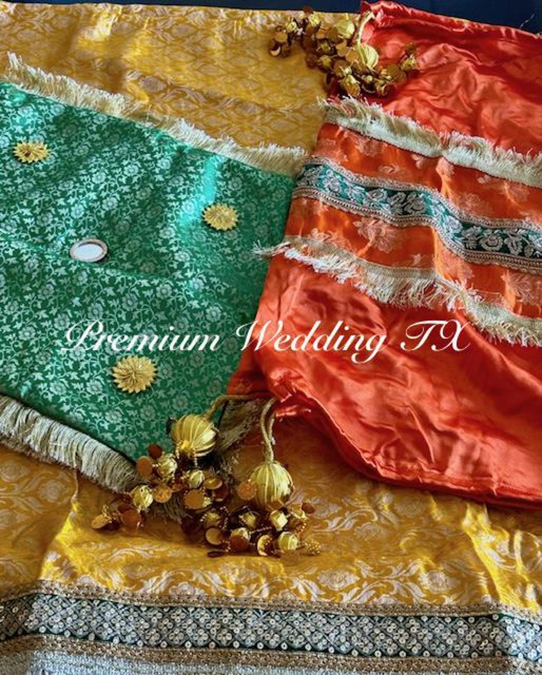 Handmade Haldi Mayoon Decor Set: Silk Satin Pillows & Banarsi Chaddar ...