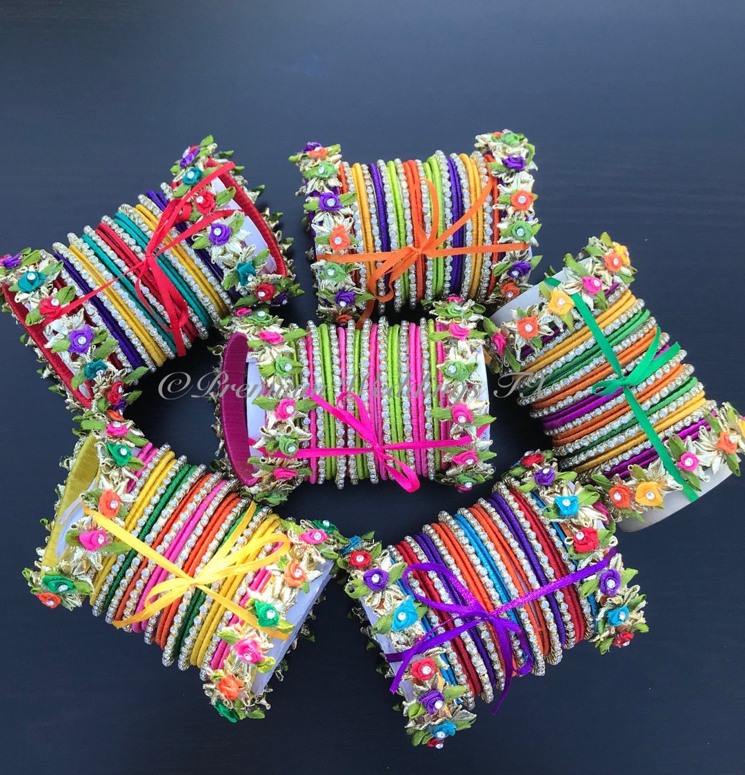 Resham Thread Indian Bangles: Cubic Zirconia & Silk Flowers - Etsy