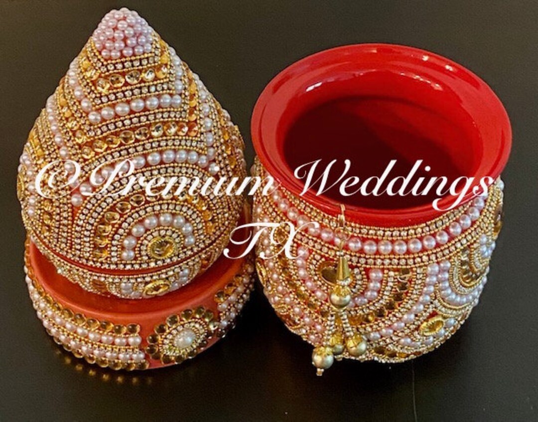 Red Kalash With Coconut, Gold Rhinestone Decorated Kalash, Ganesh Pooja ...