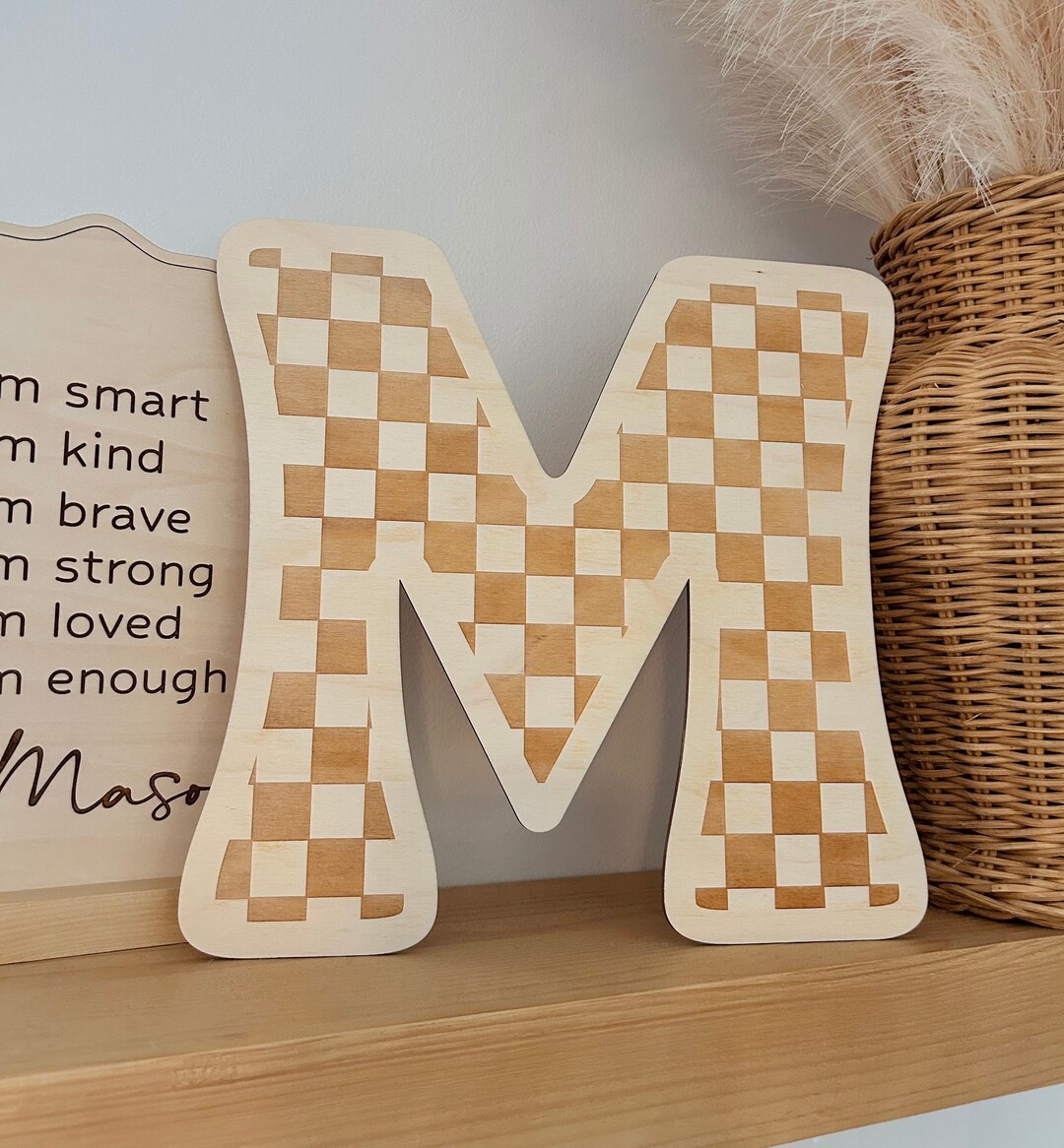Wood Nursery Letters, Checkered Initial, Boho Name Sign, Groovy Kids ...