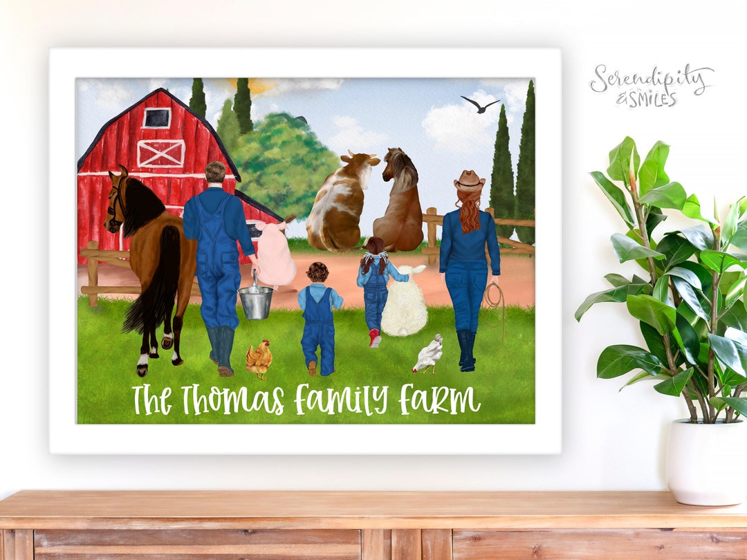 Farmhouse Family Portrait Illustration - Personalized Drawing W/ Pets ...