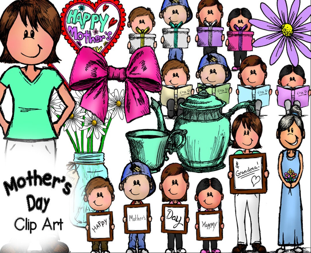 Mother's Day Clip Art: Hand-drawn Mom & Children (PNG) - Etsy