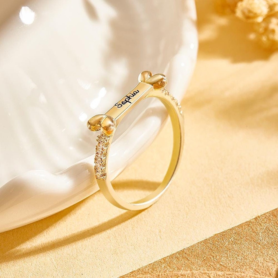 Pet Name Engraved Ring for Pet Lovers, Personalized Dog Bone Ring ...