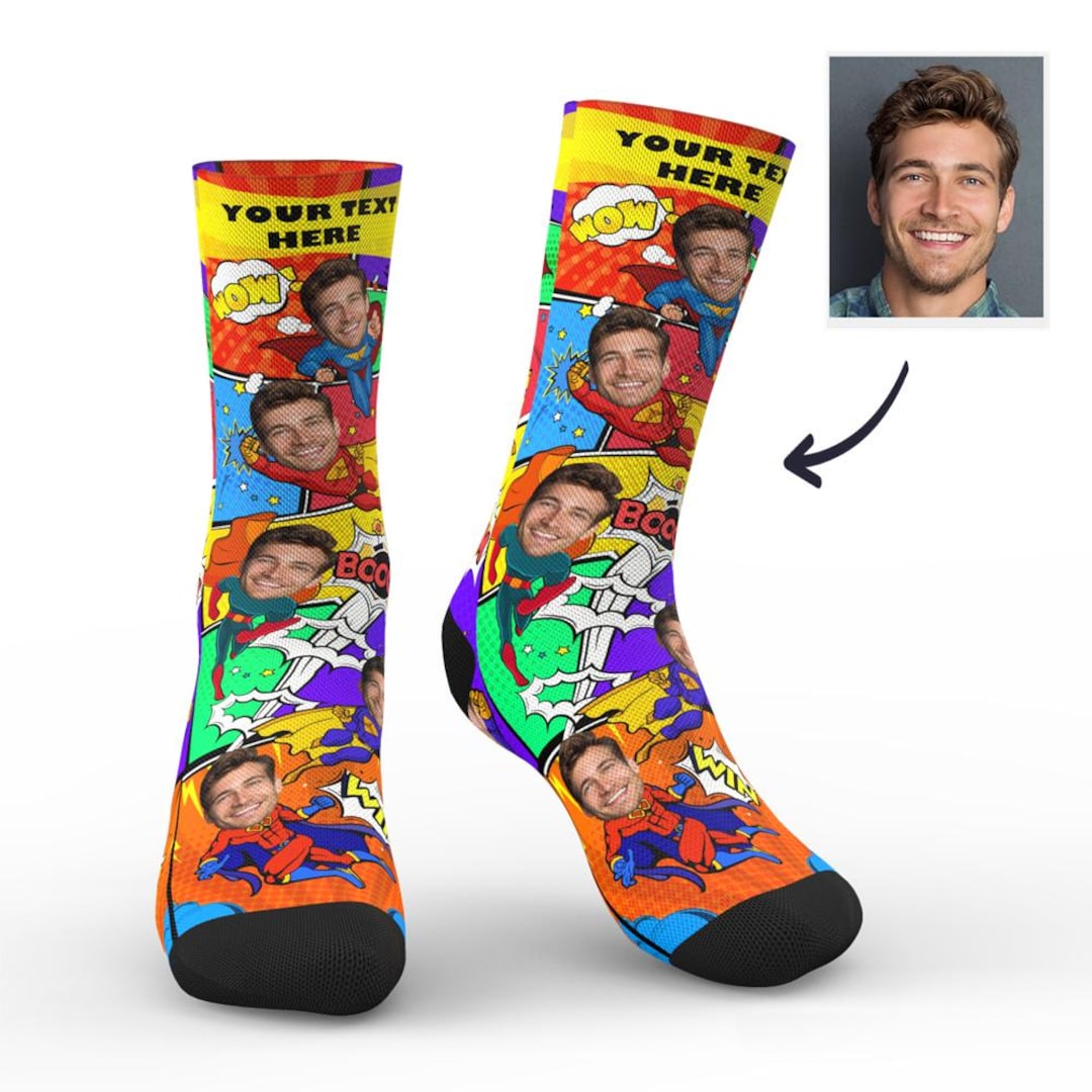 Custom Colorful Comic Superhero Face Socks My Face and Name Socks ...