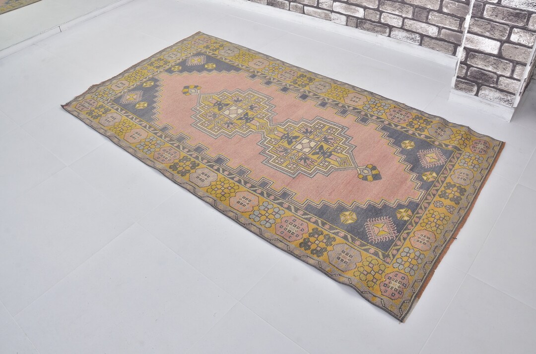 Handmade Turkish Rug, Pink and Yellow Wool Rug, Unique Oushak Rug ...