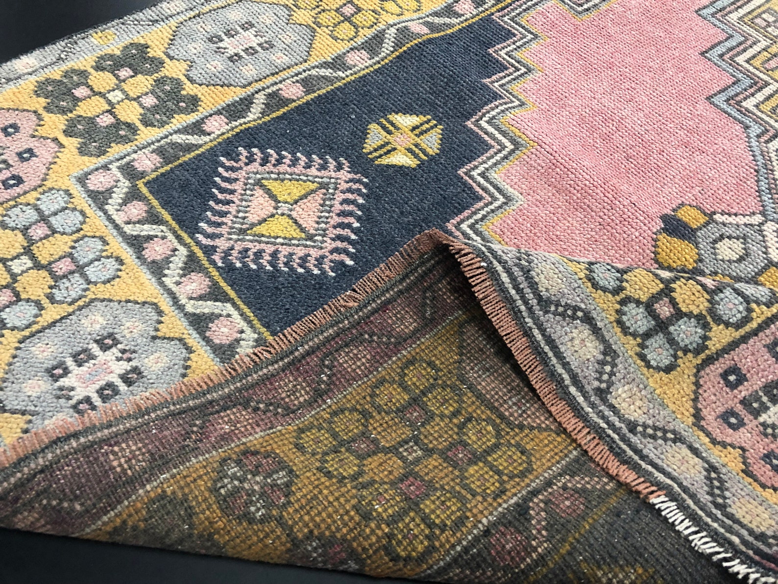 Handmade Turkish Rug Pink and Yellow Wool Rug Unique Oushak | Etsy