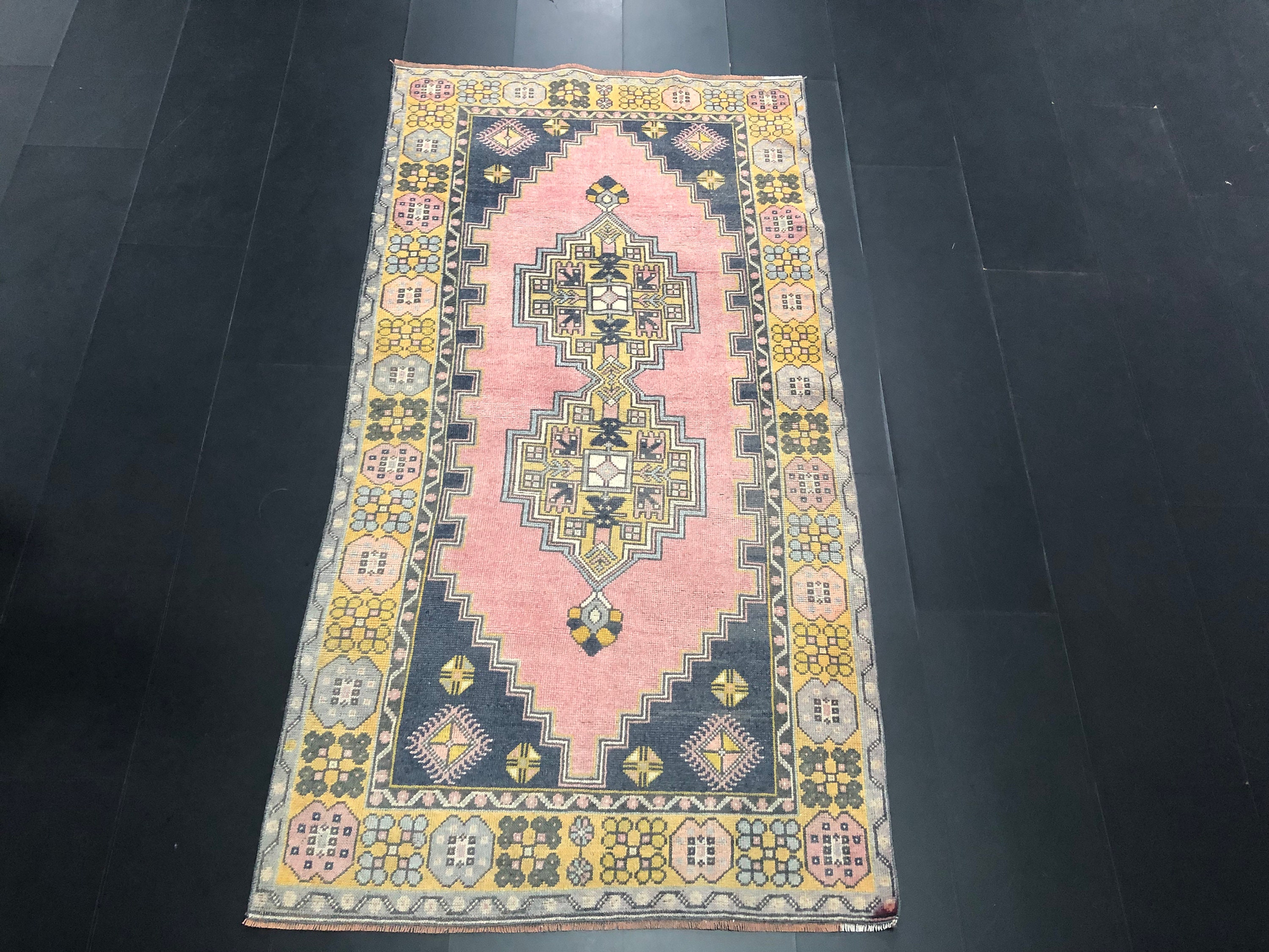 Handmade Turkish Rug Pink and Yellow Wool Rug Unique Oushak | Etsy