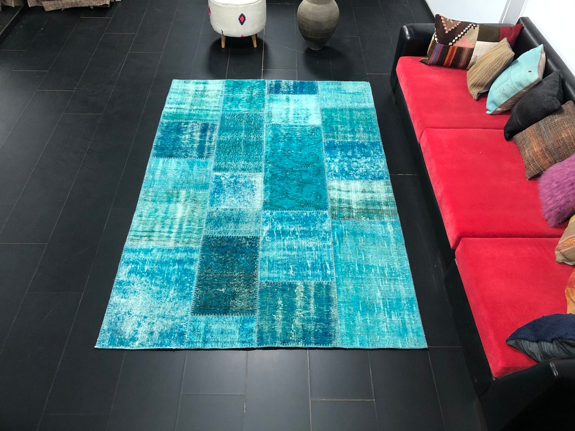 Patchwork Blue Turkish Rug Turkish Wool Rug Vintage Boho | Etsy