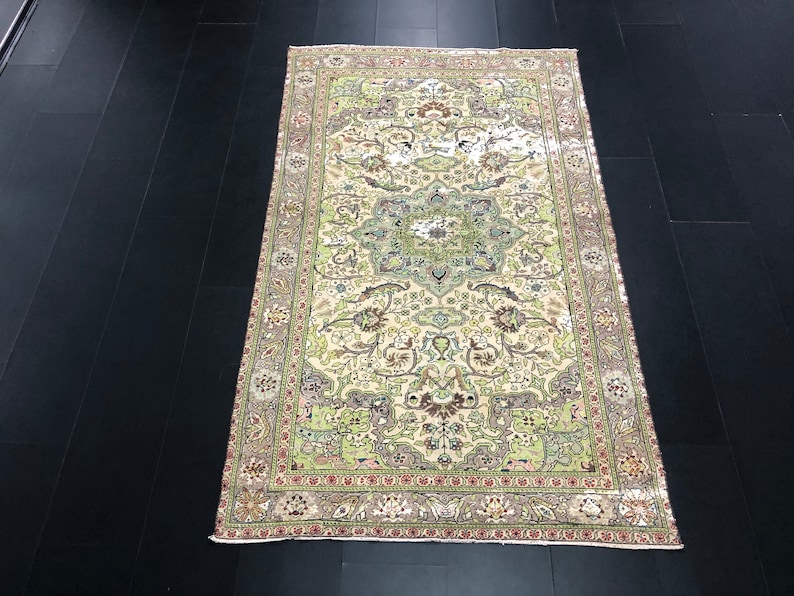 4x7 Ft Oriental Rug Turkish Rug Green Beige Rug Distressed | Etsy