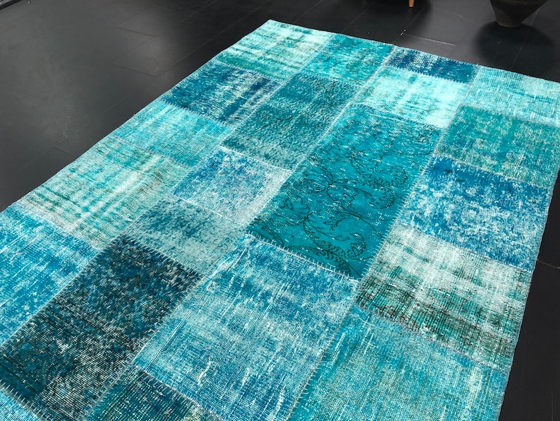 Patchwork Blue Turkish Rug Turkish Wool Rug Vintage Boho | Etsy