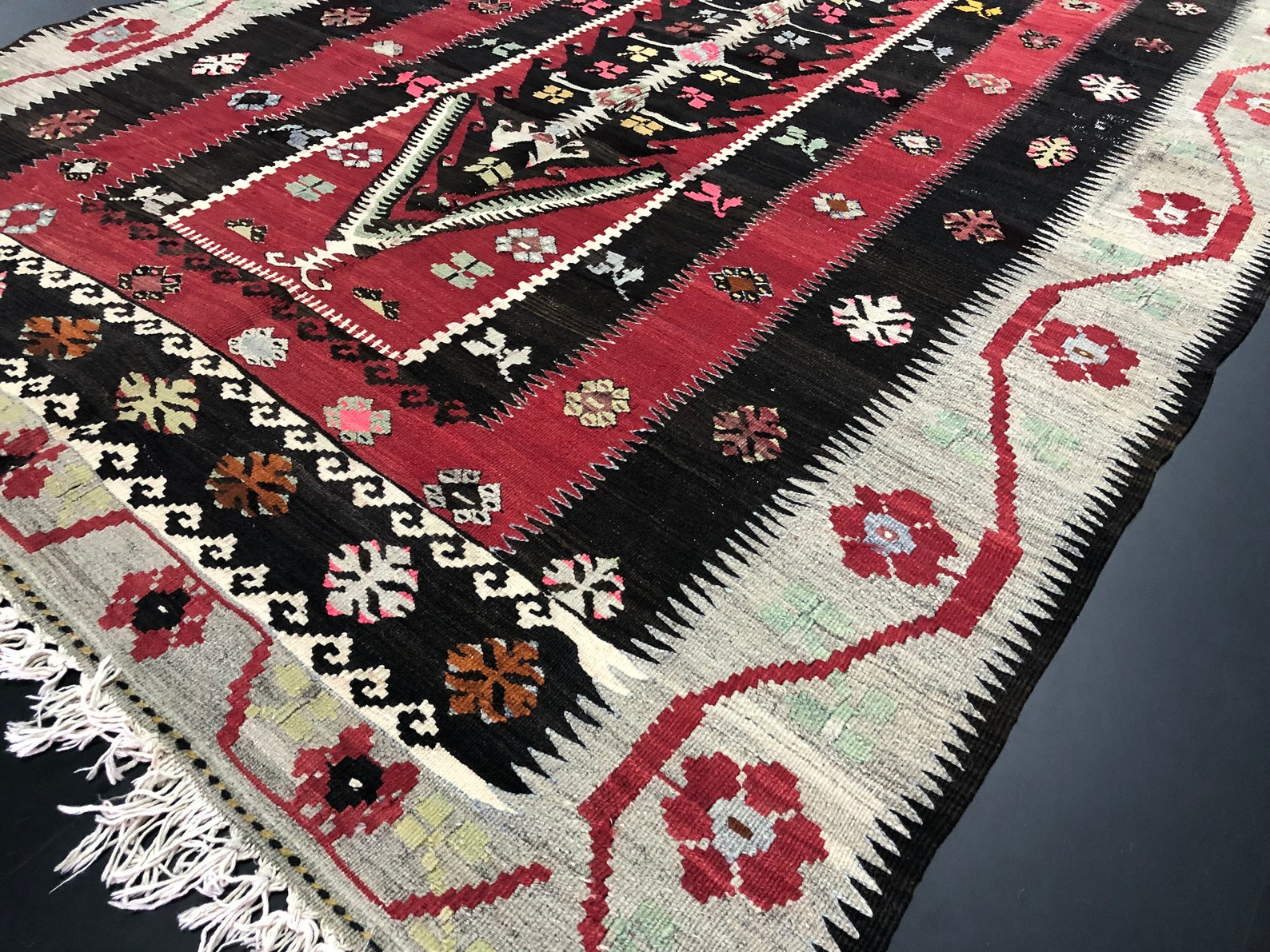 Ethnic Patterned Turkish Antique Decorative Area Kilim Rug, Nomadic ...
