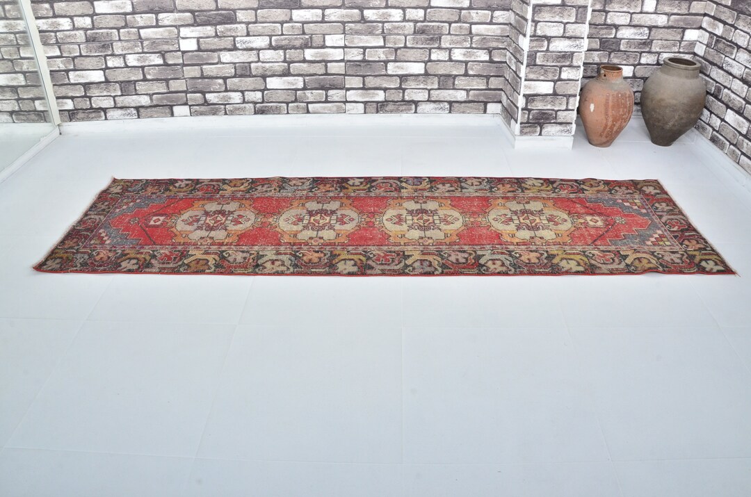 3x10 Decorative Vintage Turkish Runner Rug, Red Handmade Runner Rug ...