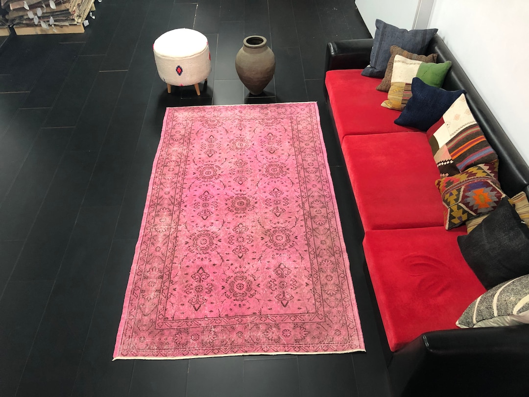 Hot Pink Color Rug, Handmade Floral Design Rug, Oushak Rug, Faded ...