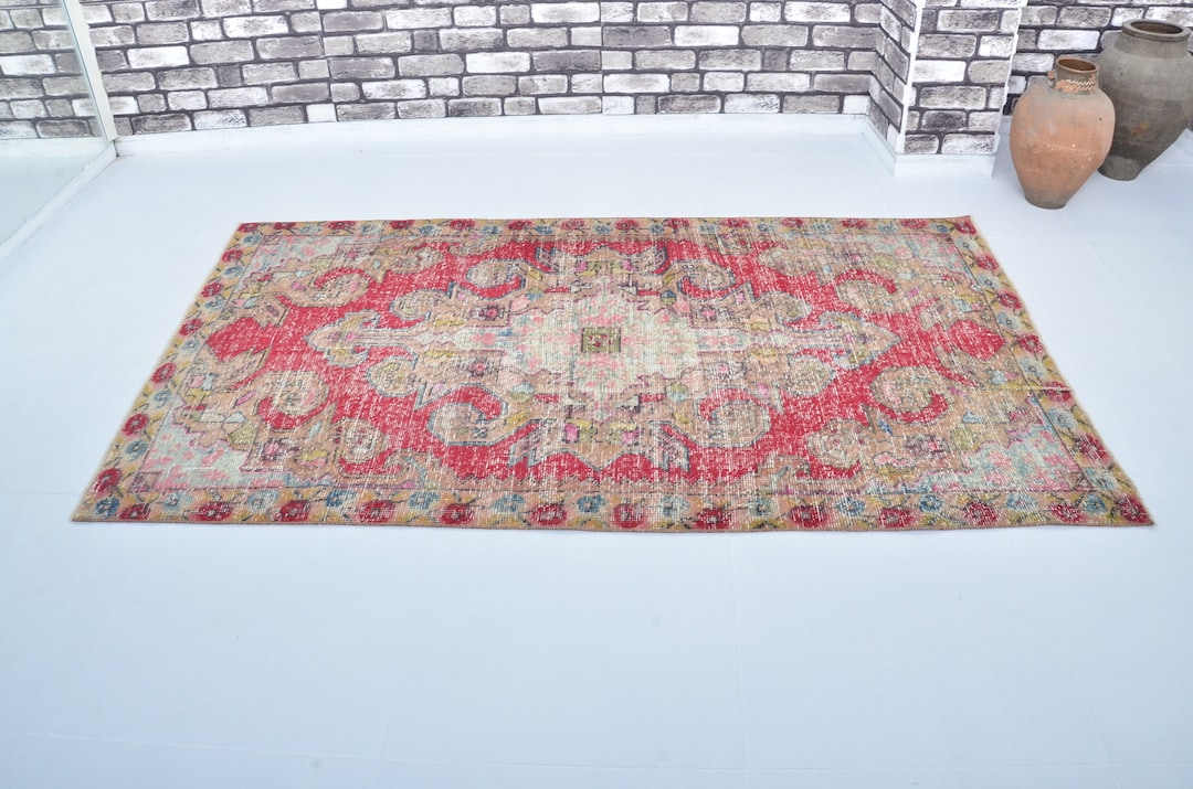 Vintage Red Rug, Distressed Modern Design Wool Area Rug, 4x7 Handmade ...