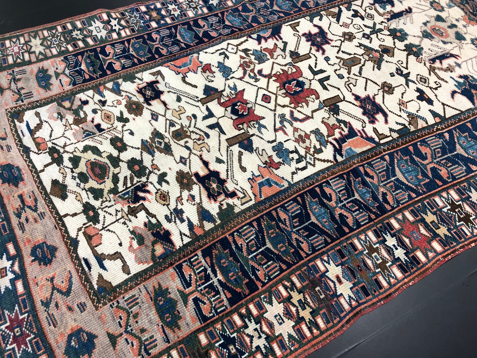 White and Blue Turkish Antique Rug Tribal Vintage Rug Wool - Etsy