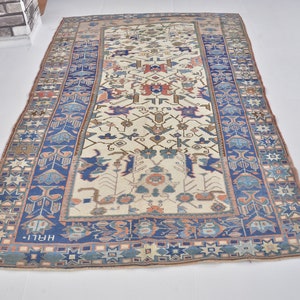 White and Blue Turkish Antique Rug, Abstract Design Vintage Rug, Wool ...