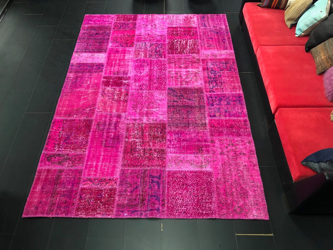 Pink Overdyed Patchwork Rug, Modern Patchwork Rug, Turkish Rug Handmade ...