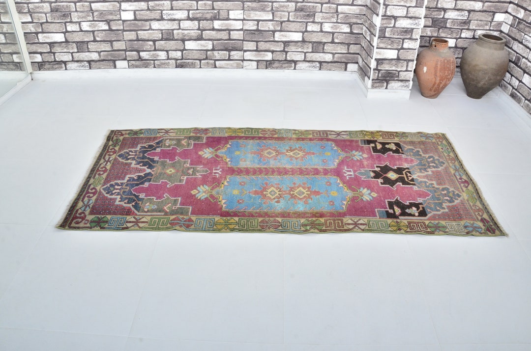 Pink Turkish Rug, Oushak Vintage Rug, 3x7 Colorful Rug, Handmade Wool ...
