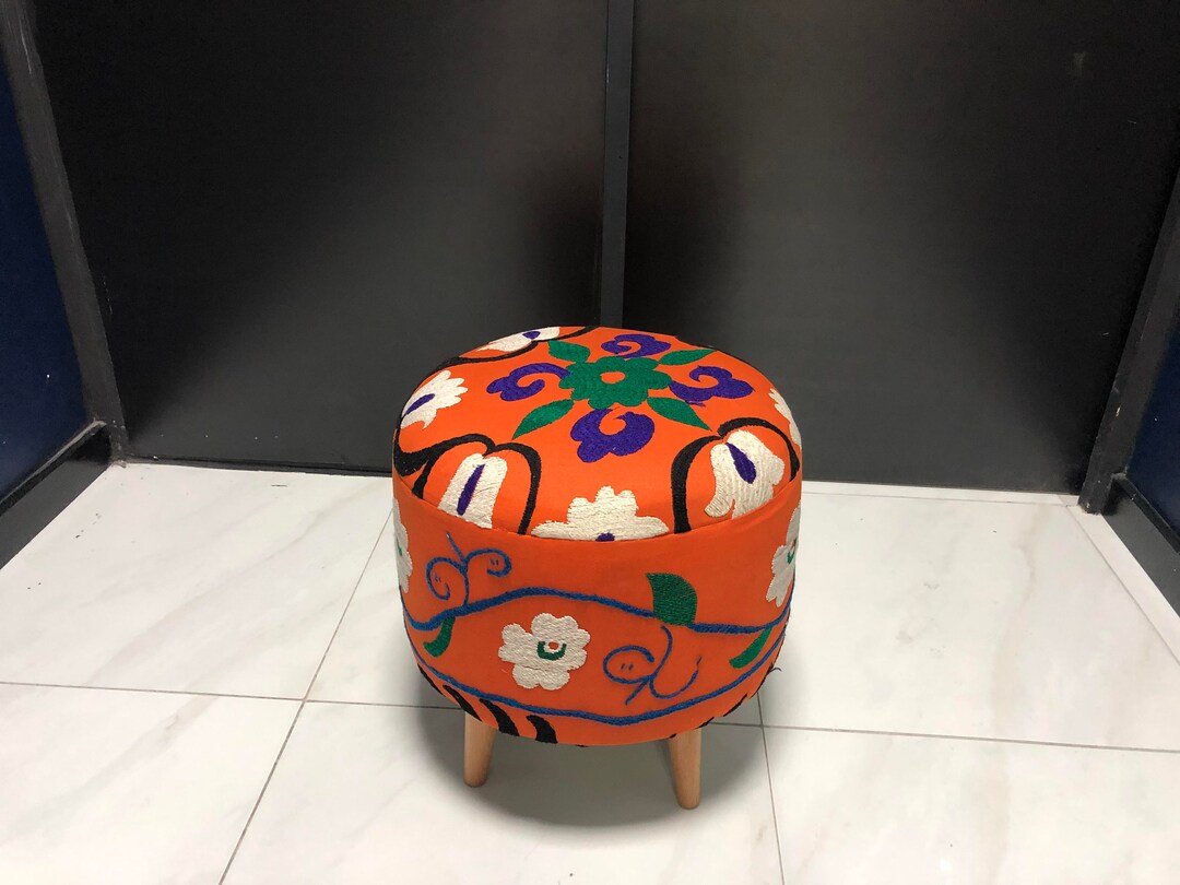 Ottoman Pouf, Vintage Orange Art Decor, Moroccan Decor Pouf, Turkish ...