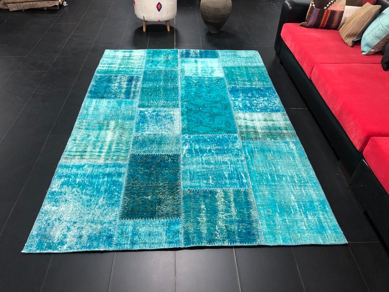 Patchwork Blue Turkish Rug Turkish Wool Rug Vintage Boho | Etsy