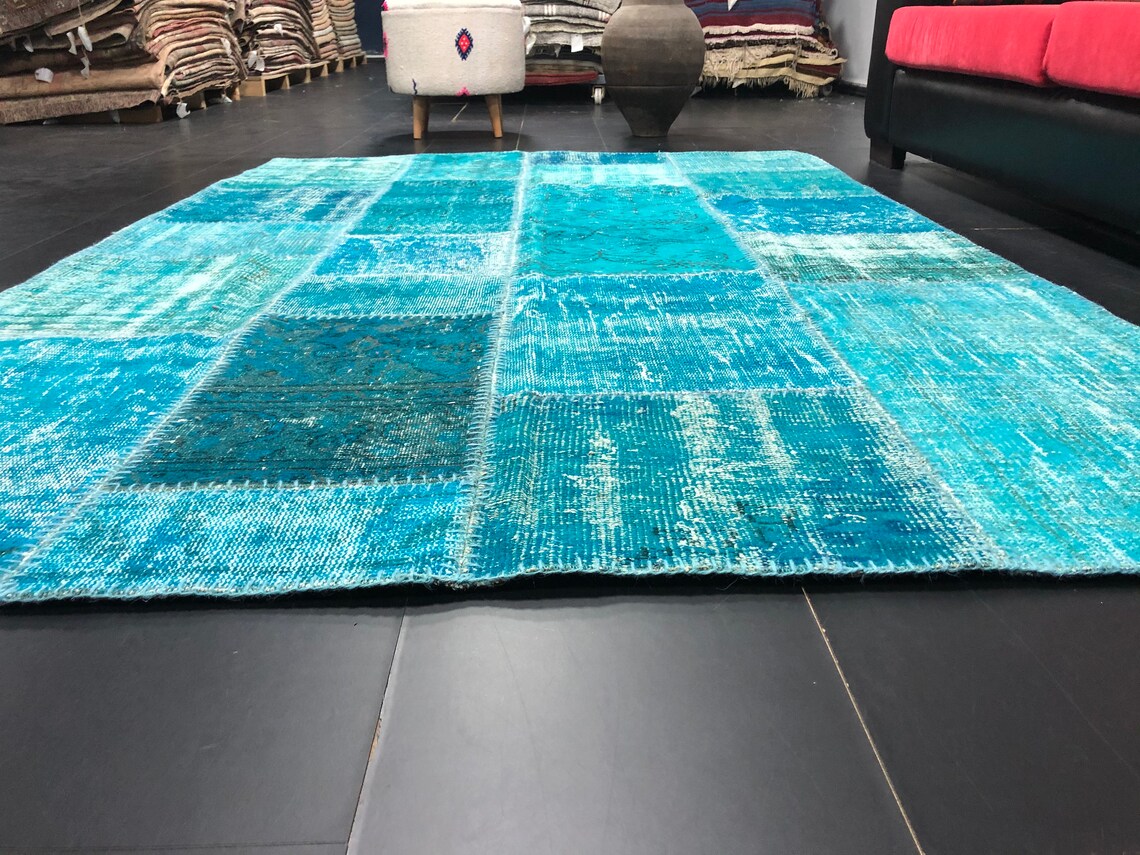 Patchwork Blue Turkish Rug Turkish Wool Rug Vintage Boho | Etsy