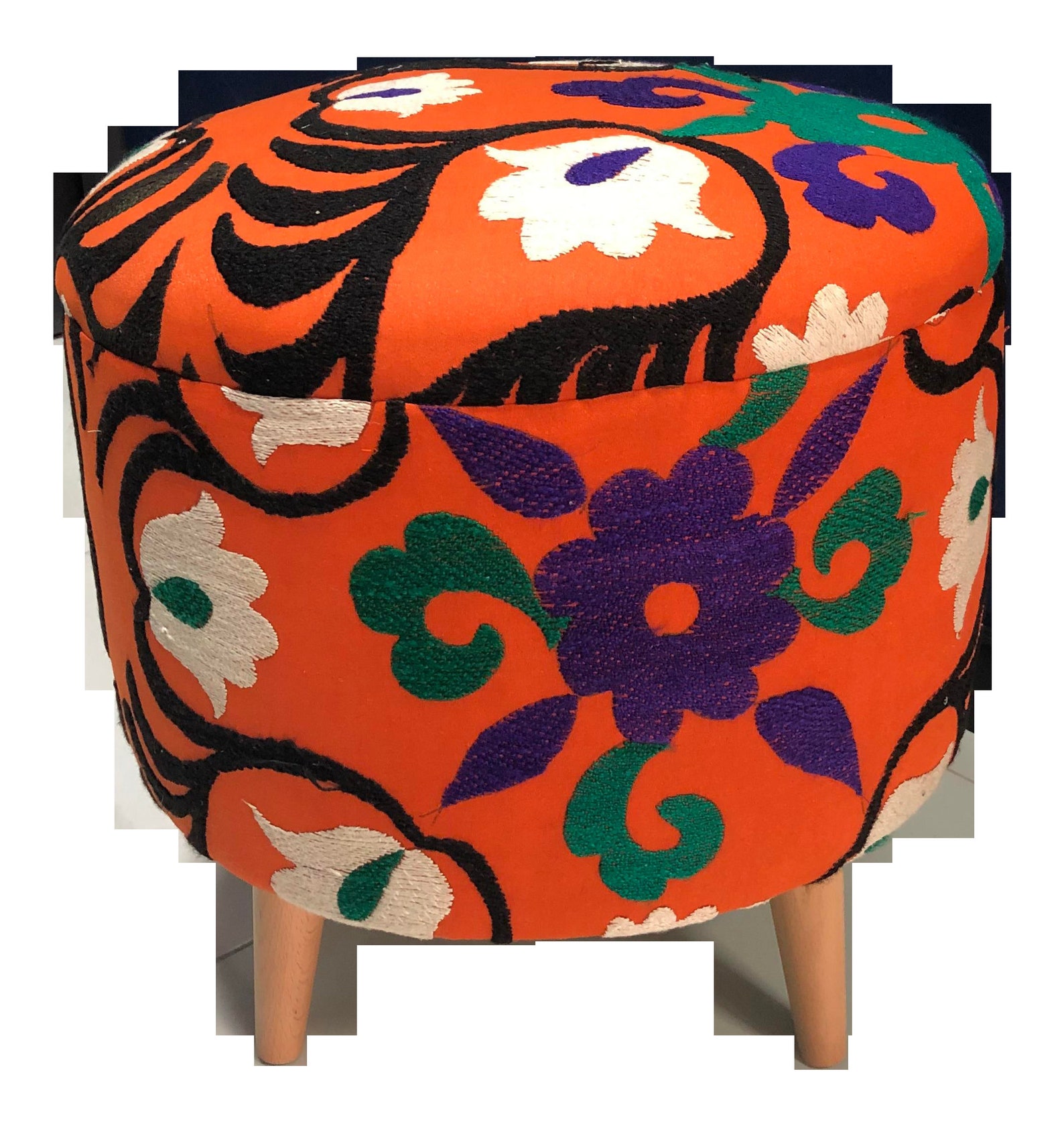 Orange Decorative Pouf, Vintage Suzani Desigenr Pouf, Ottoman, Handmade ...