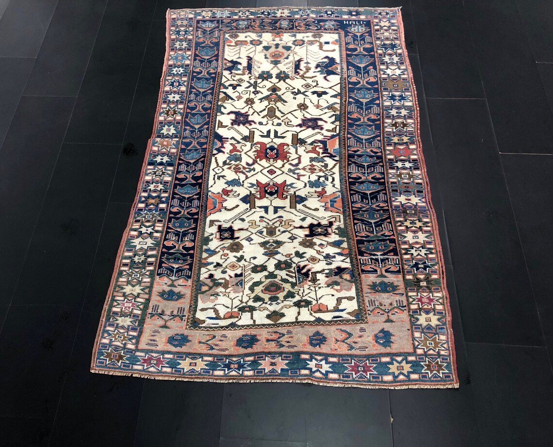 White and Blue Turkish Antique Rug Tribal Vintage Rug Wool - Etsy
