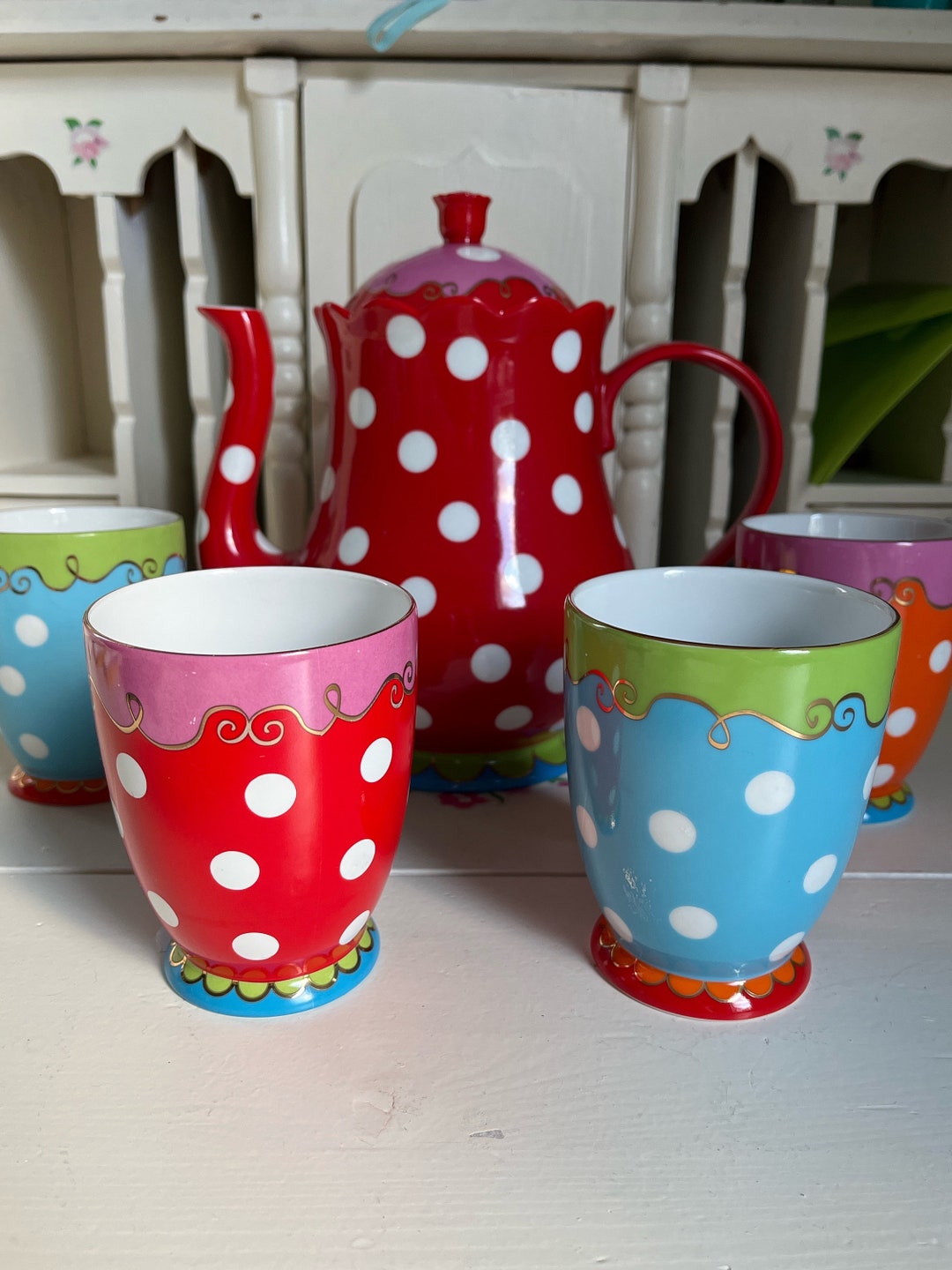 Oilily Polka Dot Tea Set for 4 Persons, Set With Teapot and 4 Mugs ...