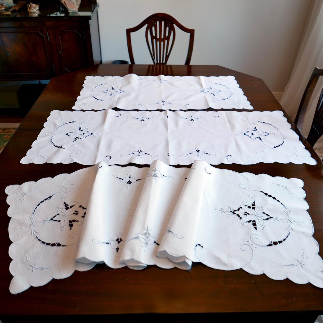 Vintage Embroidered Table Runners. Set of Three White Cotton Table ...