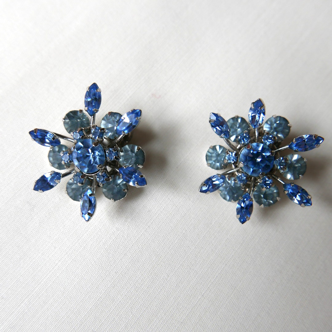 Vintage Blue Rhinestone Earrings. Marquis & Round Rhinestone Clip on ...