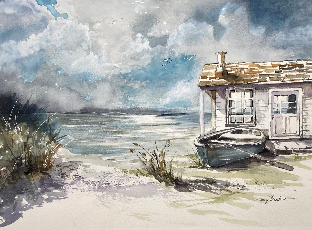 Coastal Boathouse Watercolor Print: Seaside Cottage Art by Darcy ...