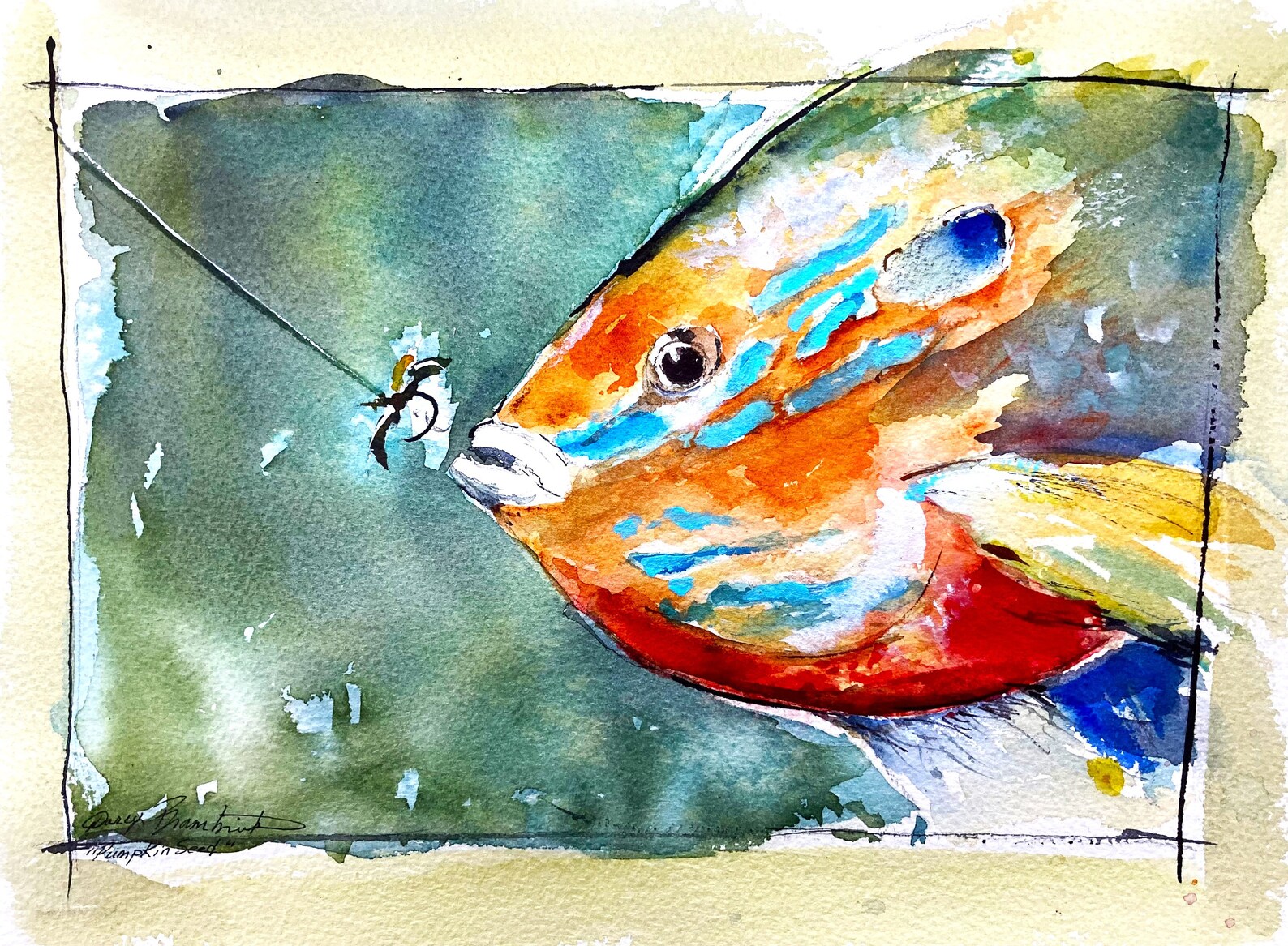 Sunfish Fishing Watercolor Painting Colorful Pumpkin Seed Blue Gill ...