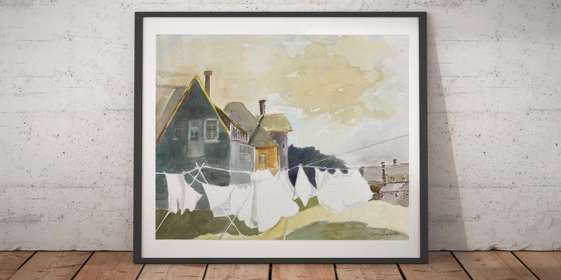 Watercolor Painting, Laundry on Wash Line, Landscape, Prints, Country ...
