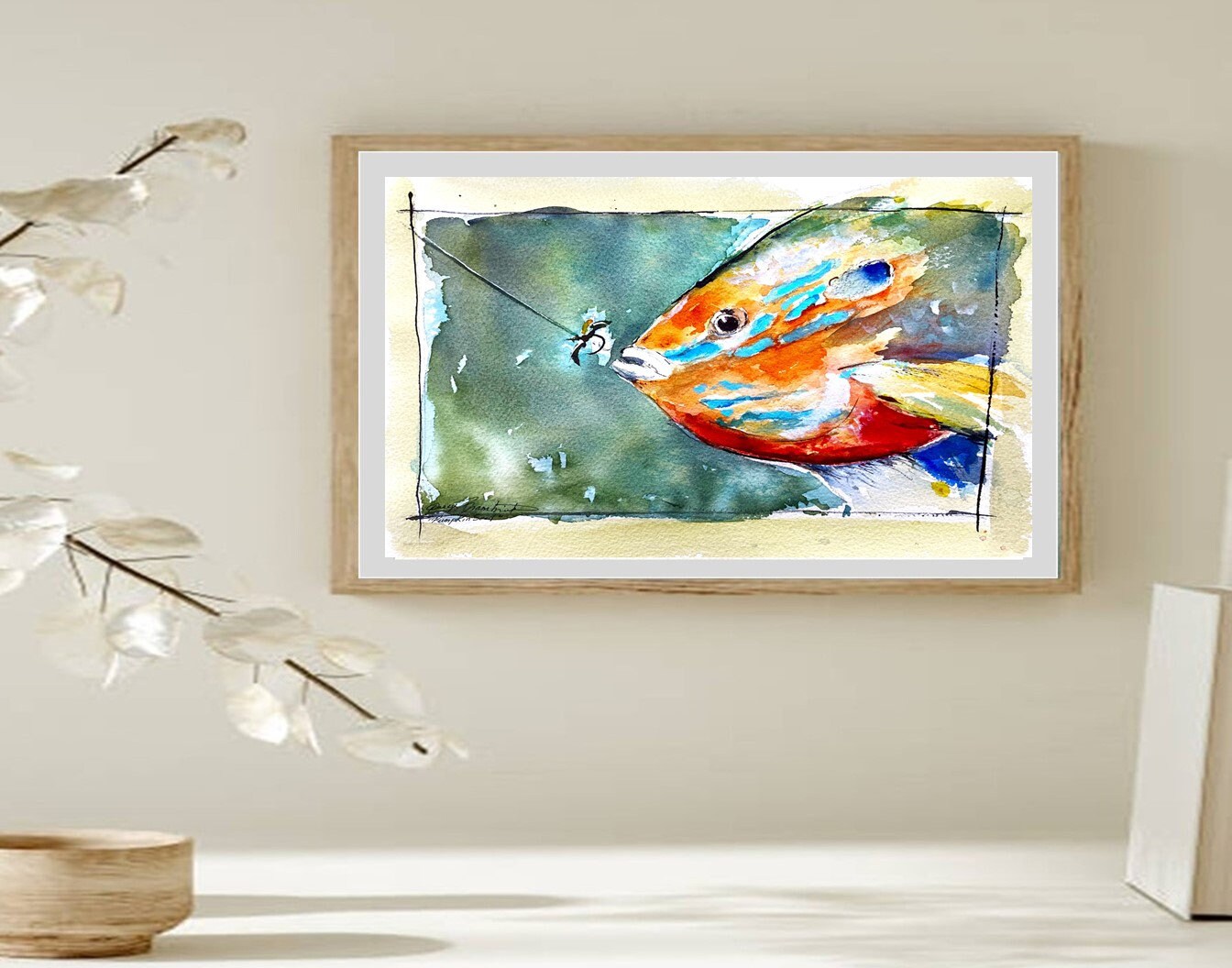 Sunfish Fishing Watercolor Painting Colorful Pumpkin Seed Blue Gill ...