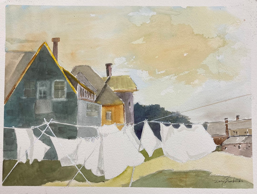Watercolor Painting, Laundry on Wash Line, Landscape, Prints, Country ...