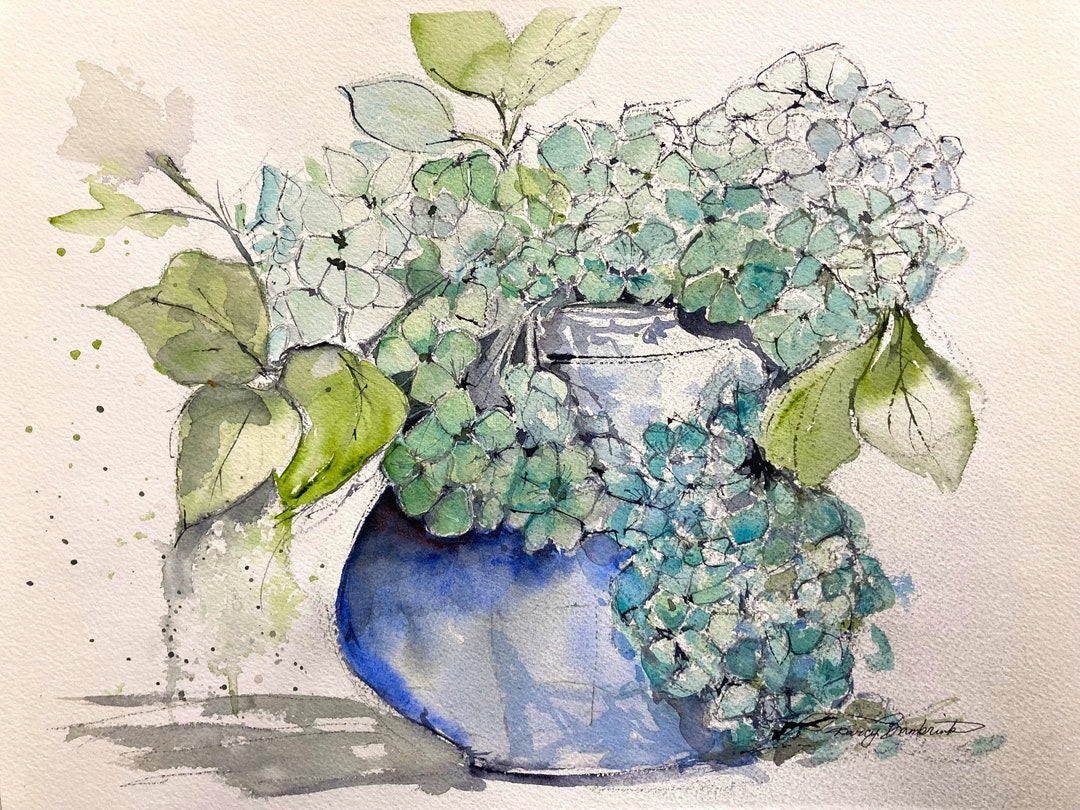Original Watercolor Painting/teal Hydrangea Still Life/11 X 14/darcy ...