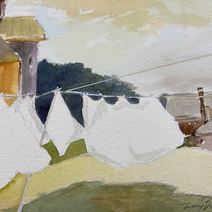 Watercolor Painting, Laundry on Wash Line, Landscape, Prints, Country ...