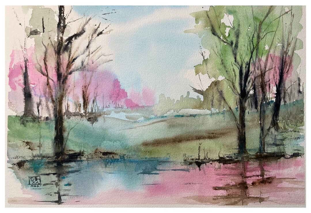 Original Watercolor Modern Pink Landscape Rivers Edge by Darcy ...