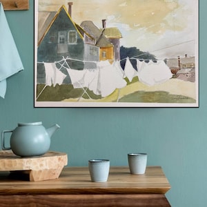 Watercolor Painting, Laundry on Wash Line, Landscape, Prints, Country ...