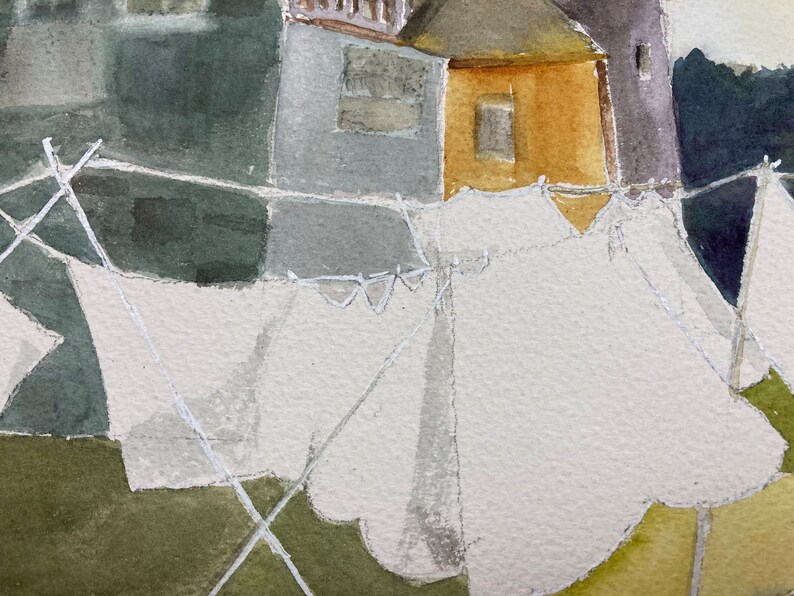 Watercolor Painting, Laundry on Wash Line, Landscape, Prints, Country ...