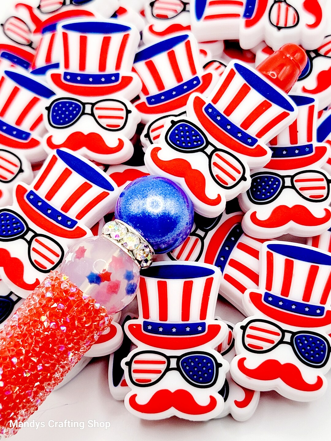 SET OF 2, Patriotic Mustache Man Silicone Focal Bead, 4th of July Beads ...