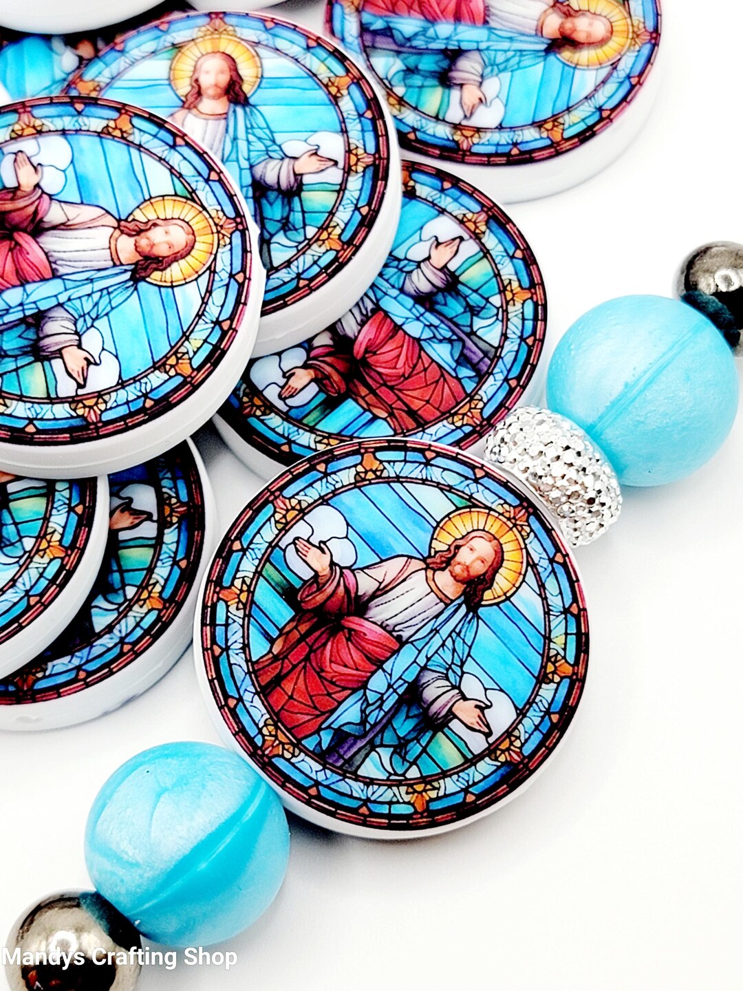 SET of 2, Jesus Focal Silicone Bead, Christmas Stained Glass Print Pen ...