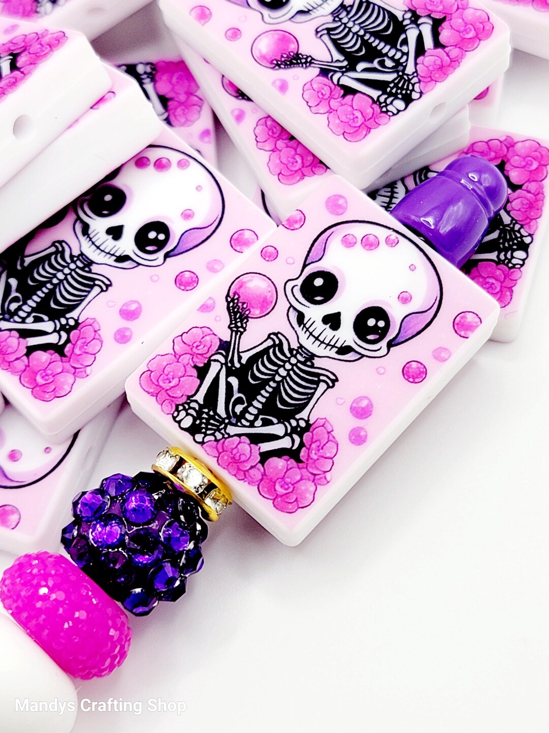 SET of 2, Baby Skellies Focal Print Silicone Bead, Pink Bubble Skeleton ...
