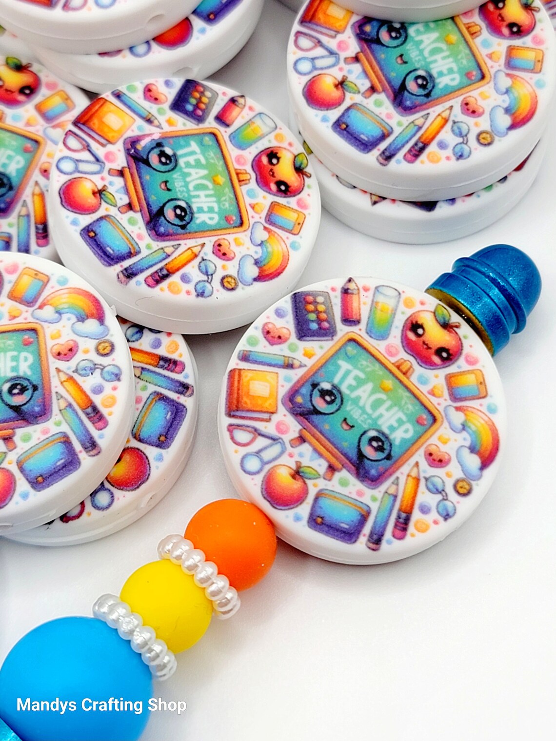 SET of 2, Cute Teacher Focal Print Silicone Bead, Teacher Vibes Focal ...