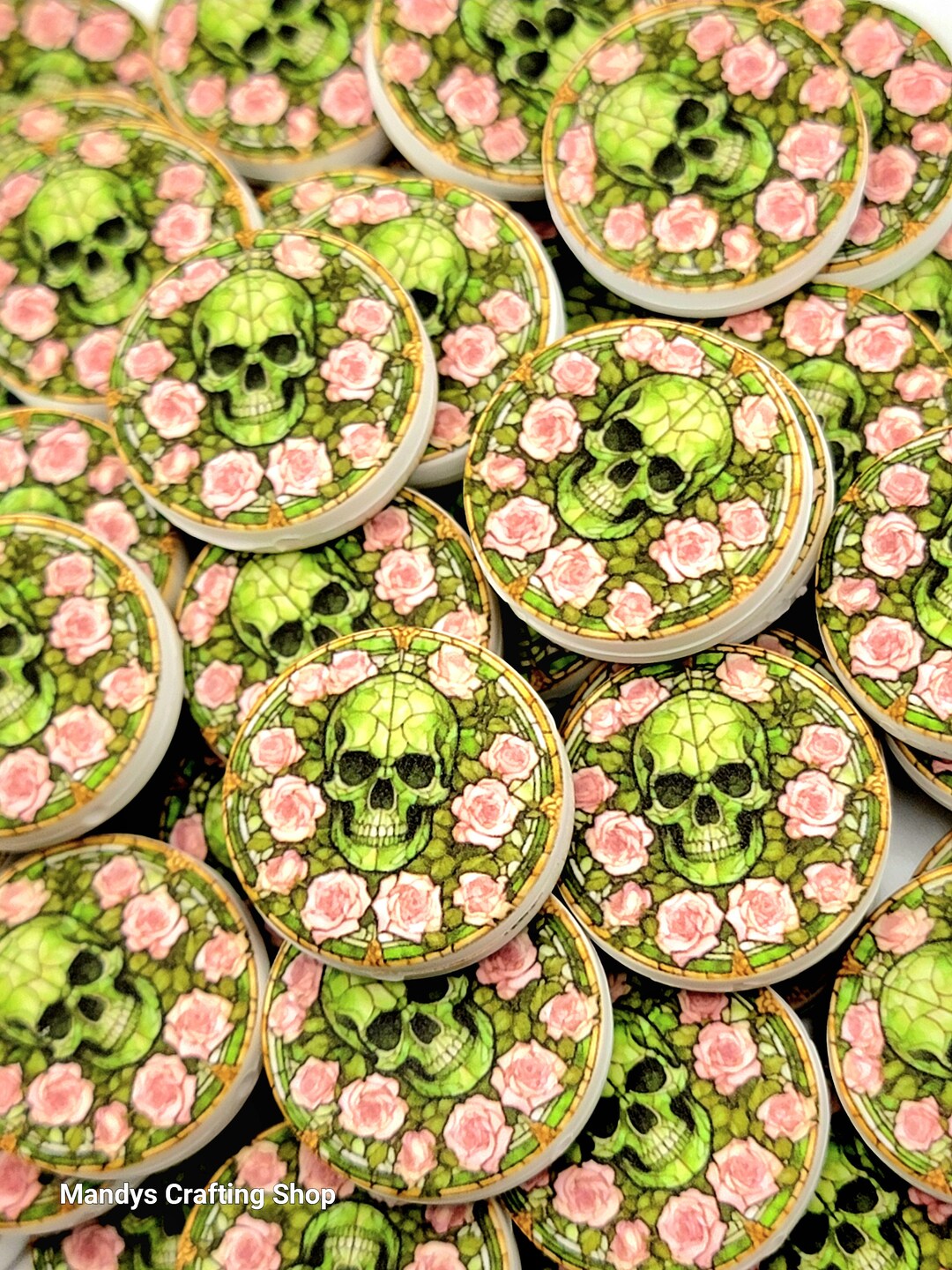 SET of 2, Skull and Roses Focal Print Silicone Bead, Stained Glass ...