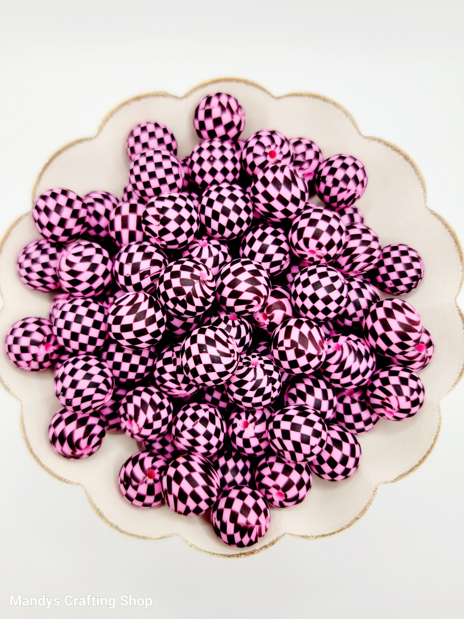 SET OF 5 or 10, Pink & Black Check Printed Silicone Beads, 15mm Print ...