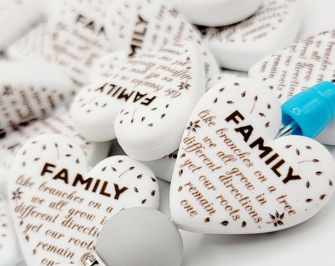 SET of 2, Family Heart Focal, Family Branches Print Silicone Beads, Big ...