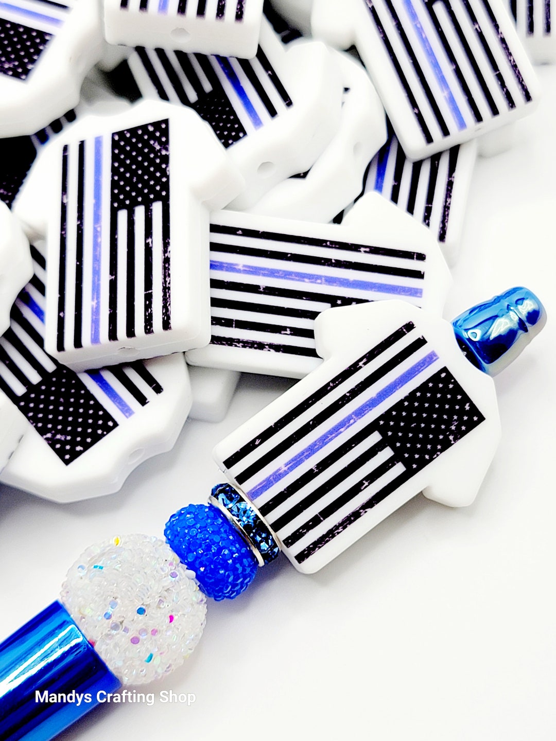 SET OF 2, Police Flag Focal, Thin Blue Line Craft Pen Beads, American ...